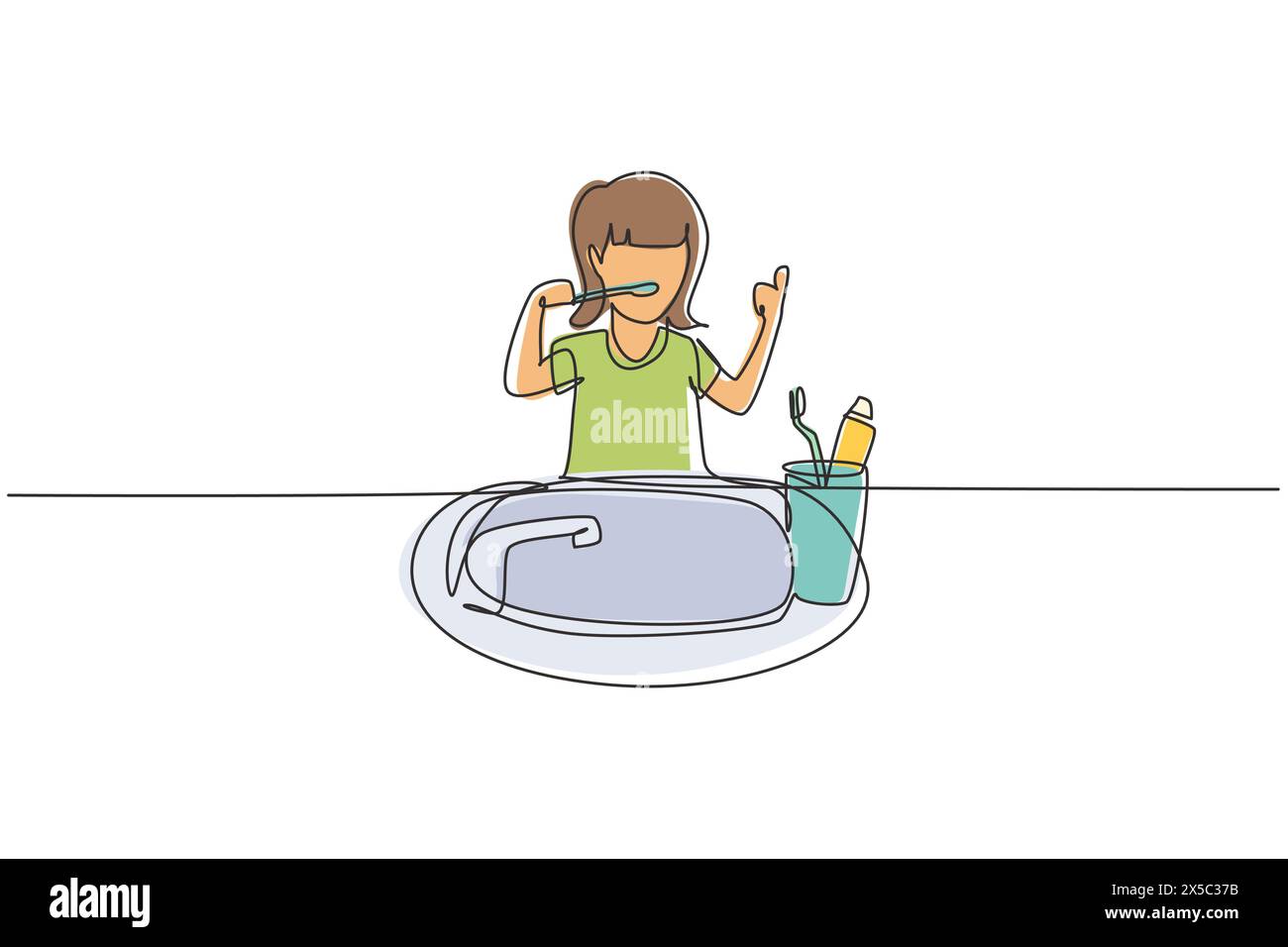 Continuous one line drawing girl brushing her teeth with thumbs up ...