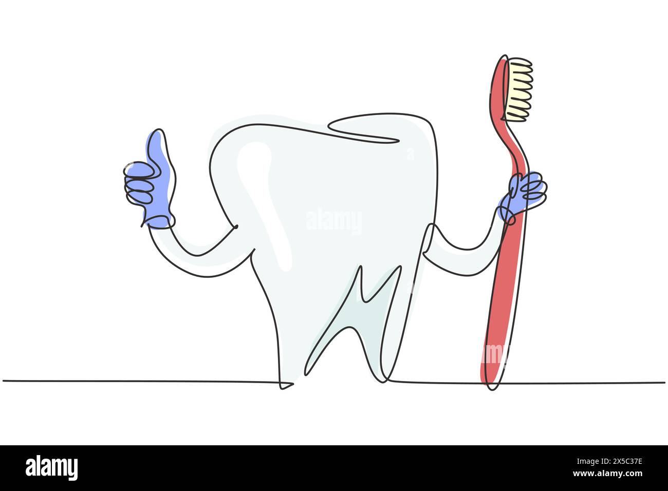 Continuous one line drawing giant tooth is holding toothbrush and one ...