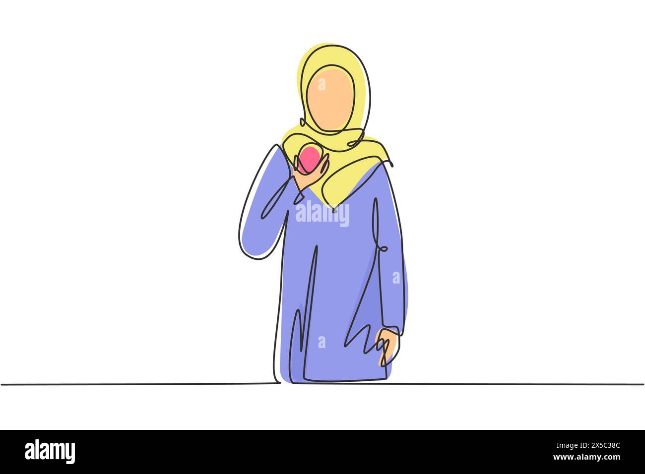 Single one line drawing Arabian female having bakery meal with hand ...