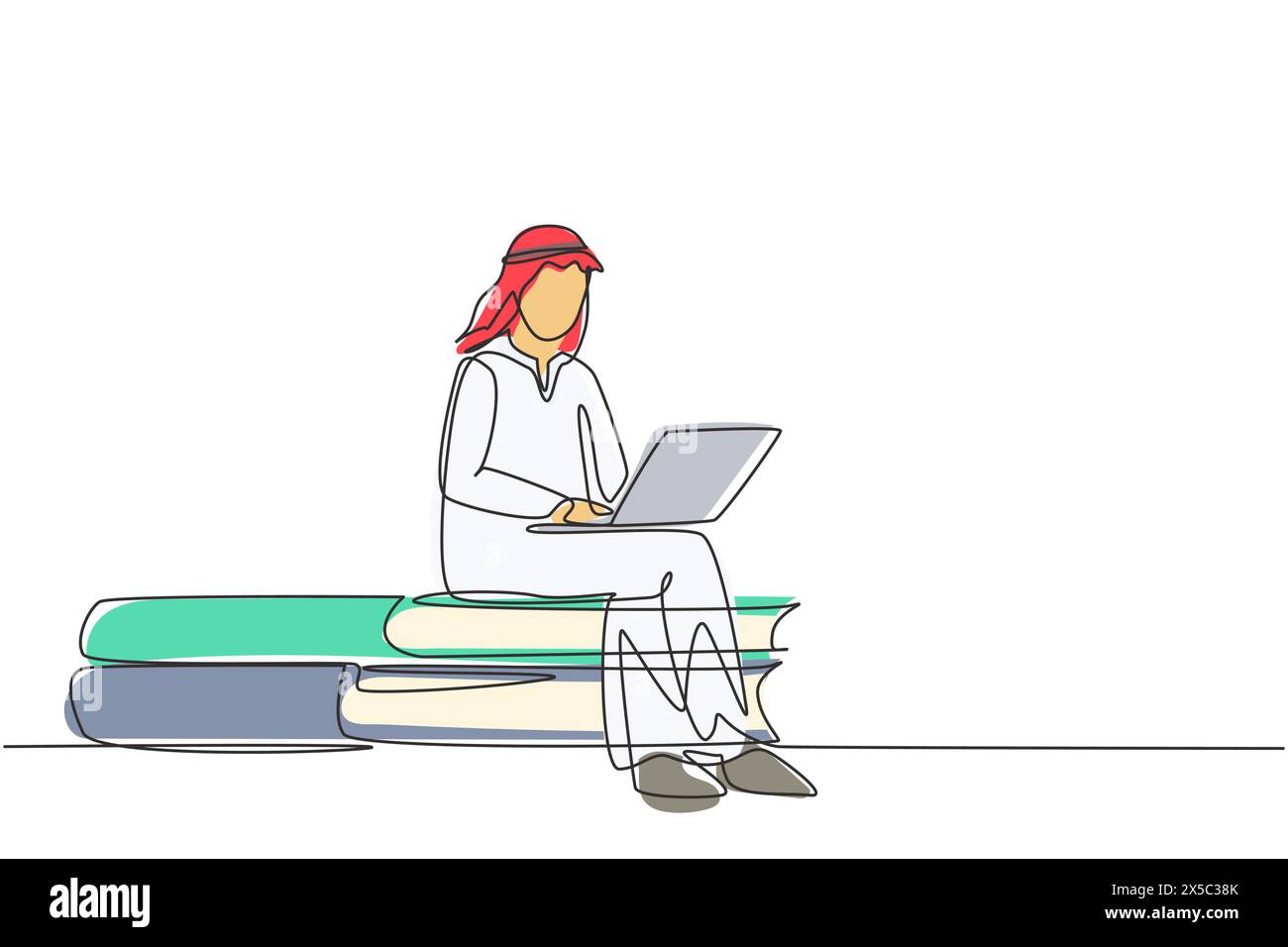 Continuous one line drawing young Arabian man studying with laptop and ...