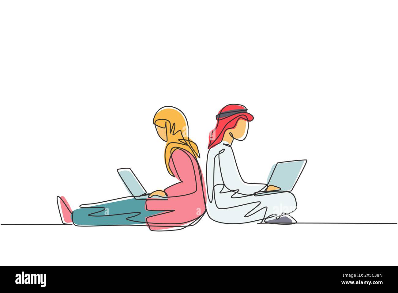 Single continuous line drawing Arabian couple with laptop sitting and ...
