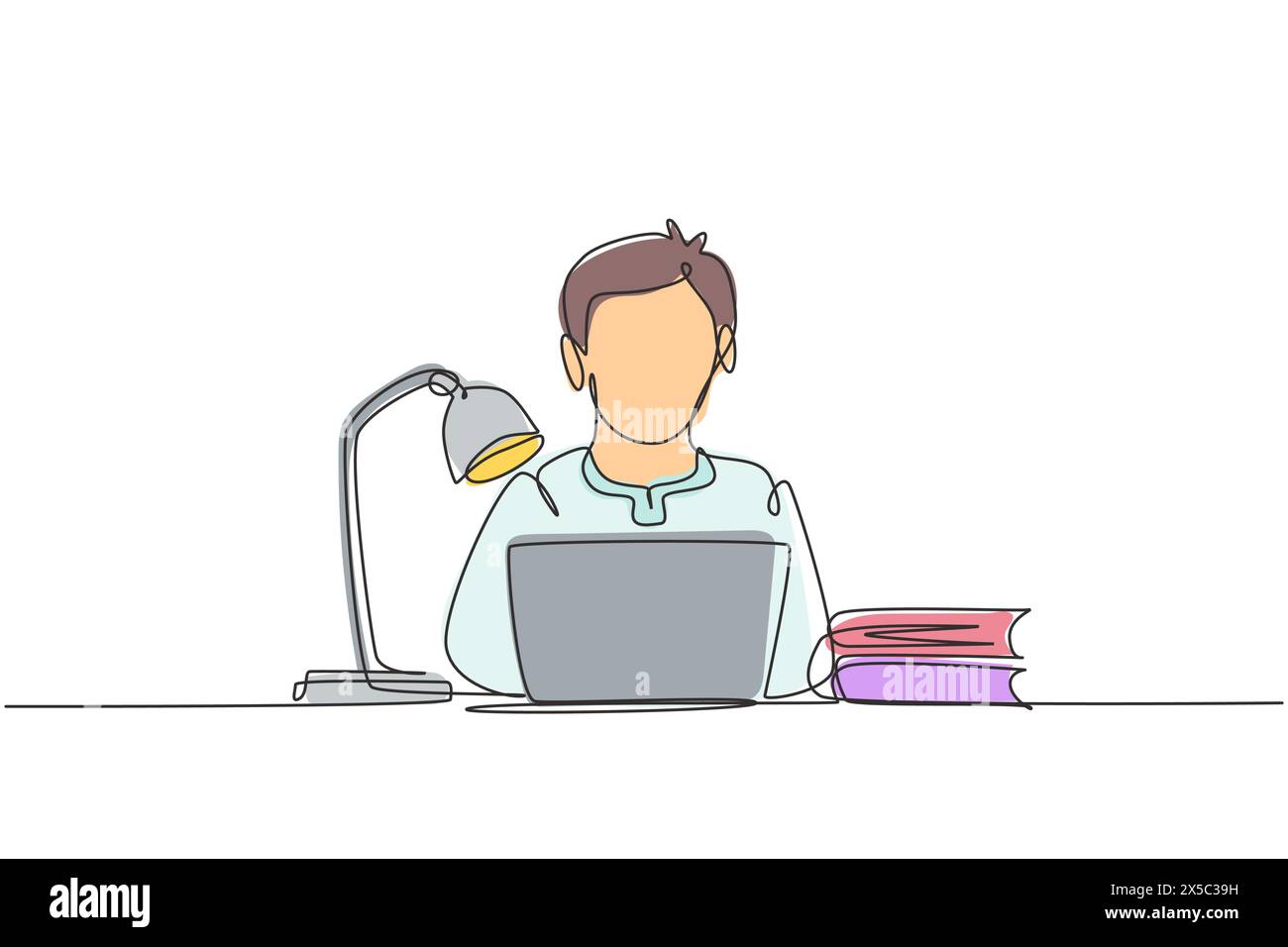 Single one line drawing Arabian boy studying with laptop and study lamp ...