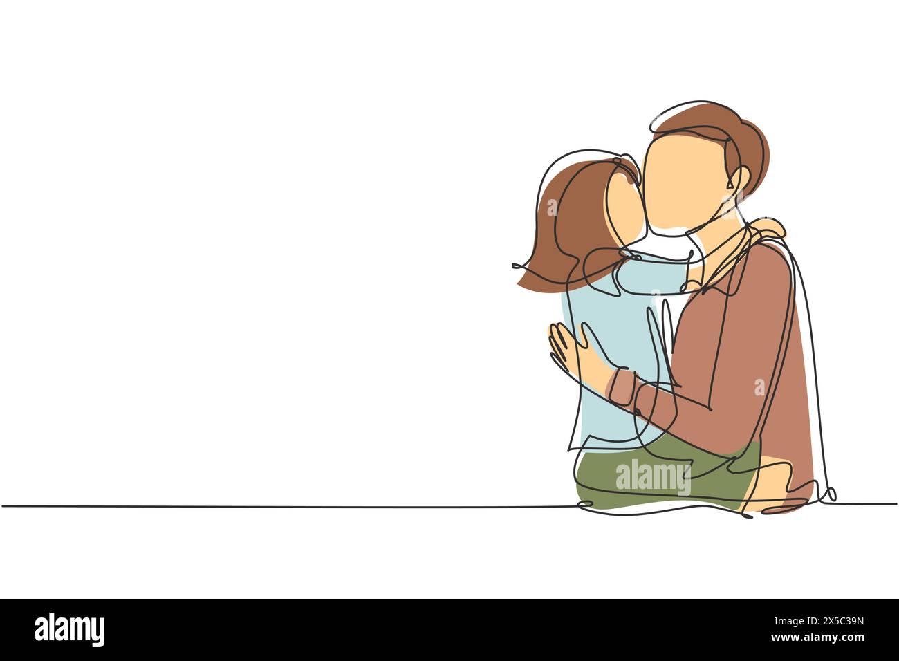 Single continuous line drawing sweet little girl is hugging and kissing ...