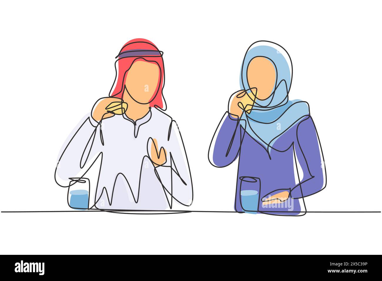 Single continuous line drawing Arabian couple having hamburger meal ...