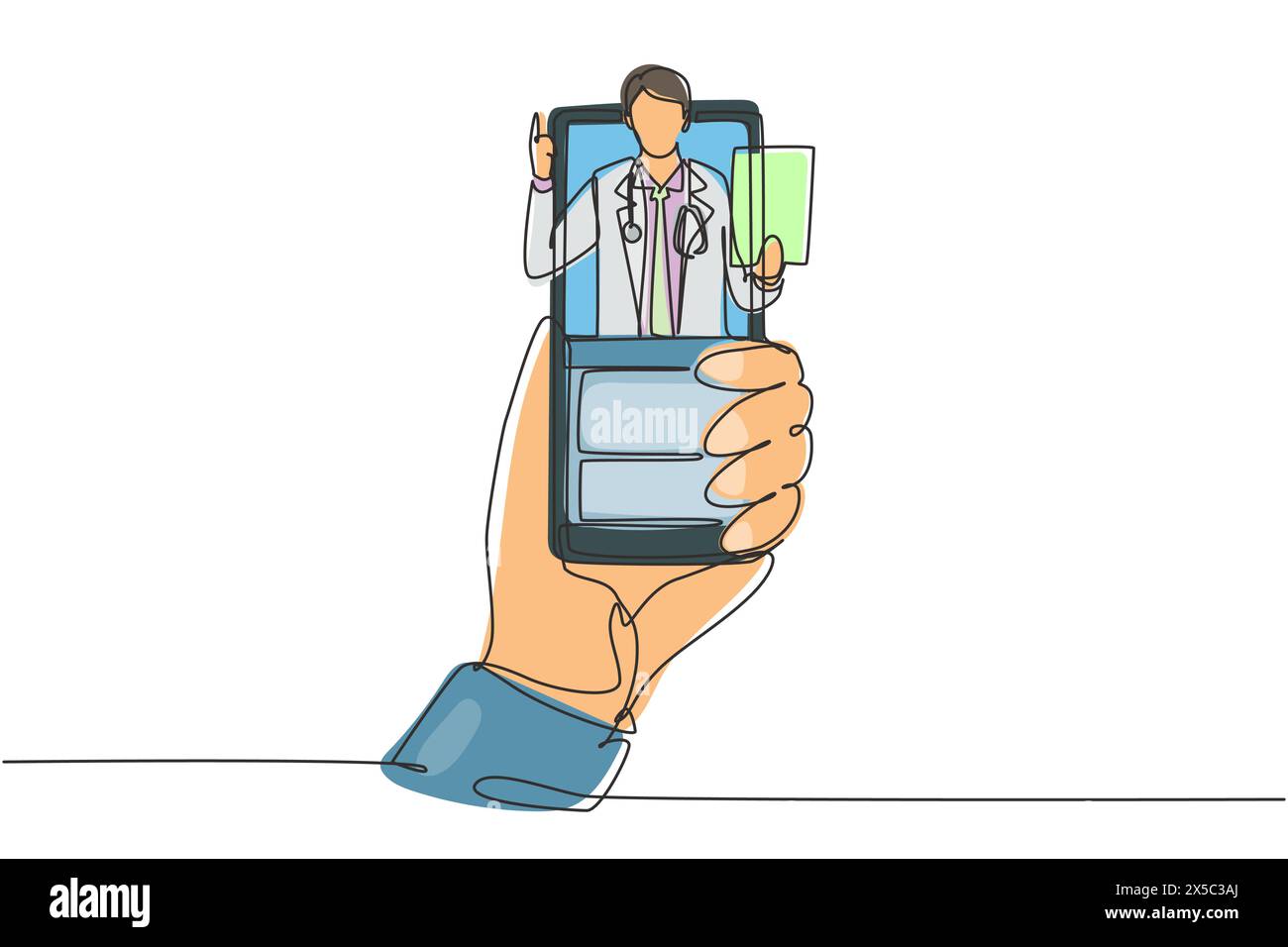 Continuous one line drawing hand holding smartphone and there is male ...