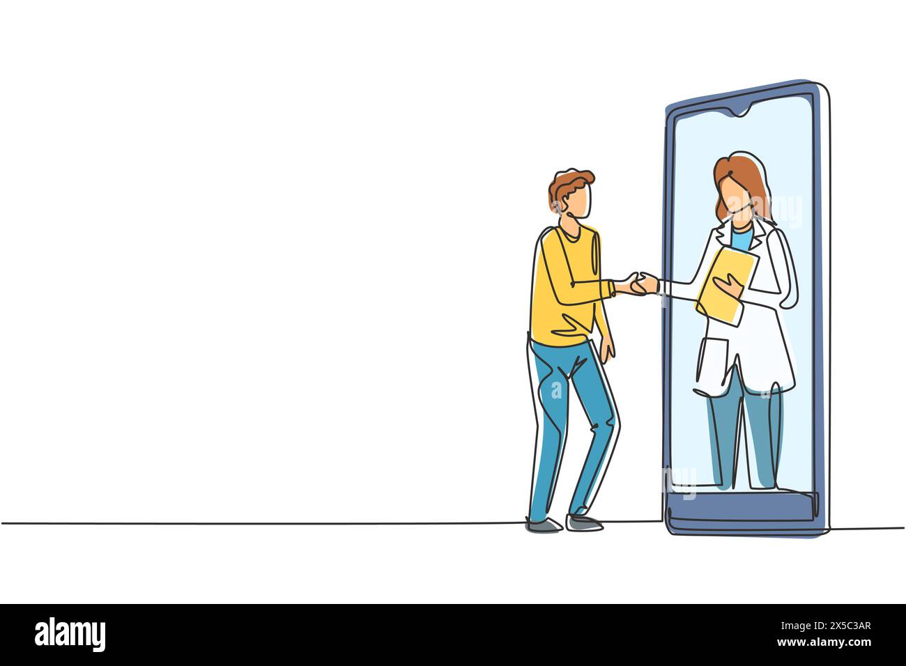 Single one line drawing male patient shaking hands with female doctor ...