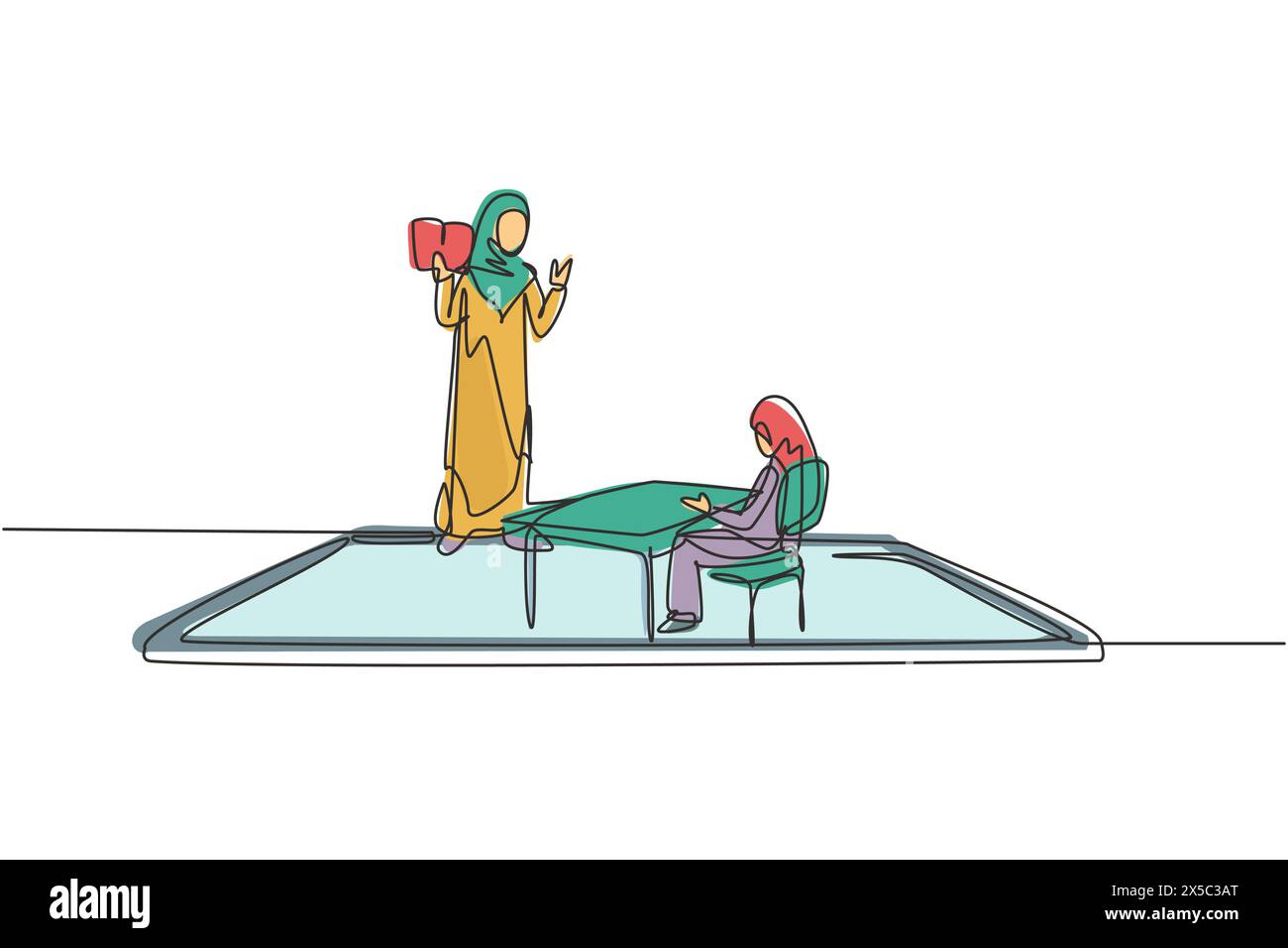 Single continuous line drawing Arab male patient shaking hands with ...