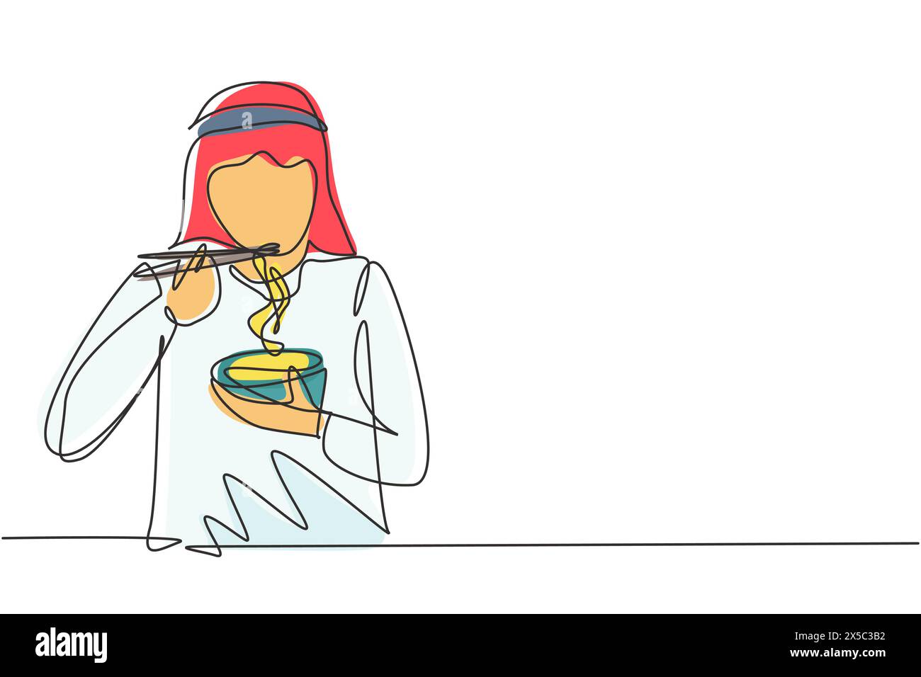 Continuous one line drawing young Arabian man having noodles meal with ...