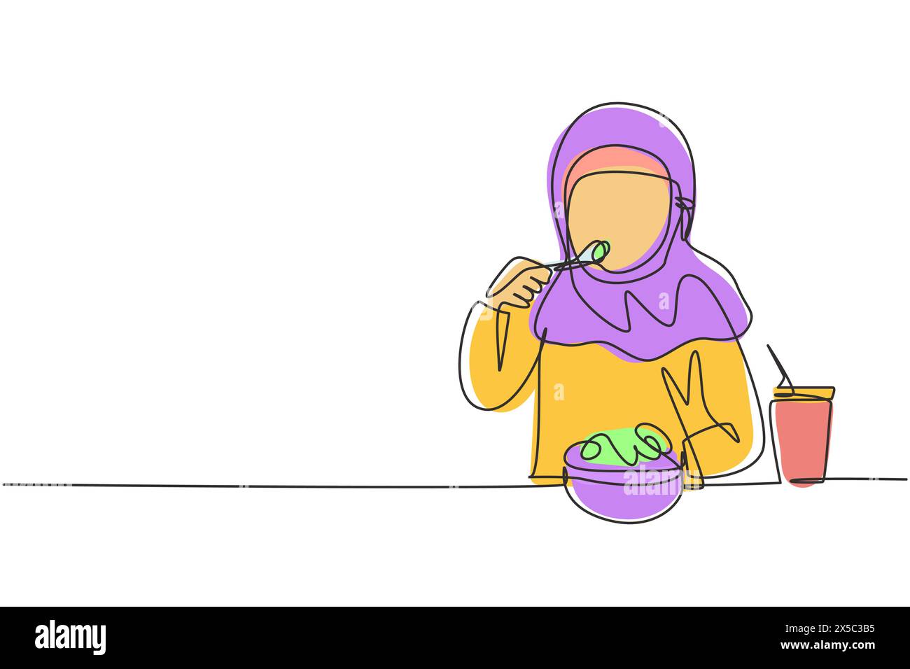 Continuous one line drawing Arabian girl having salad meal with fork ...