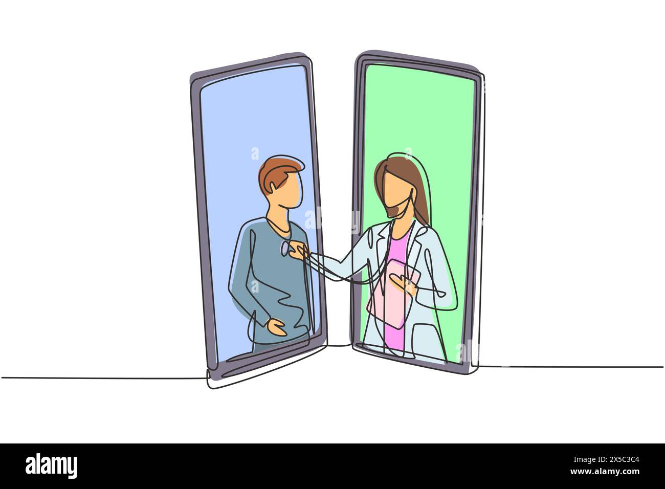 Continuous one line drawing two smartphones facing each other with ...