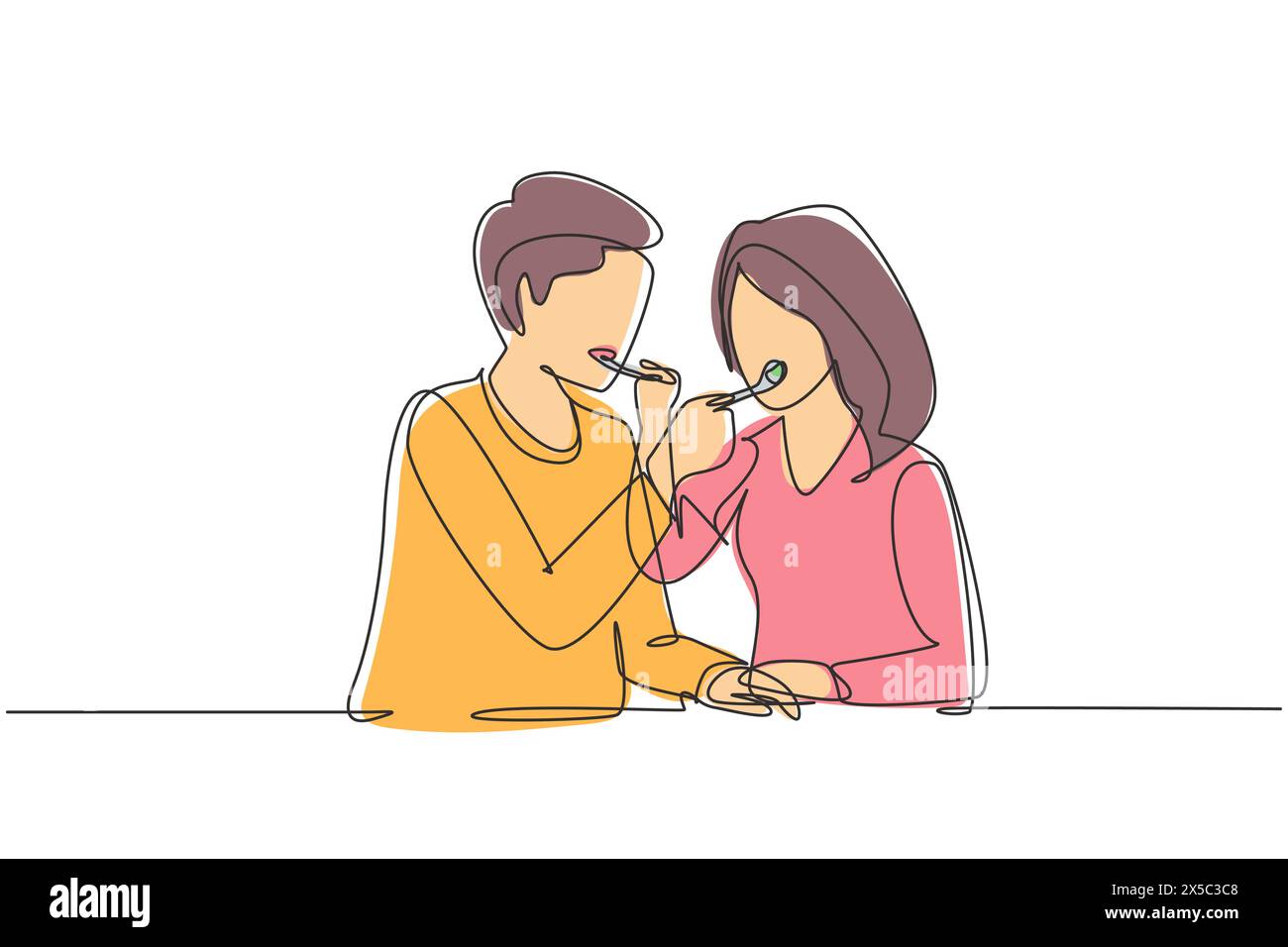 Single continuous line drawing romantic couple feeding each other ...