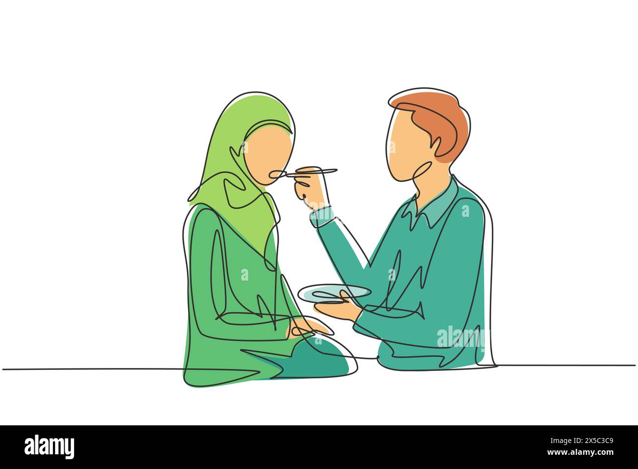 Continuous one line drawing romantic Arabian male feeds his wife. Happy ...