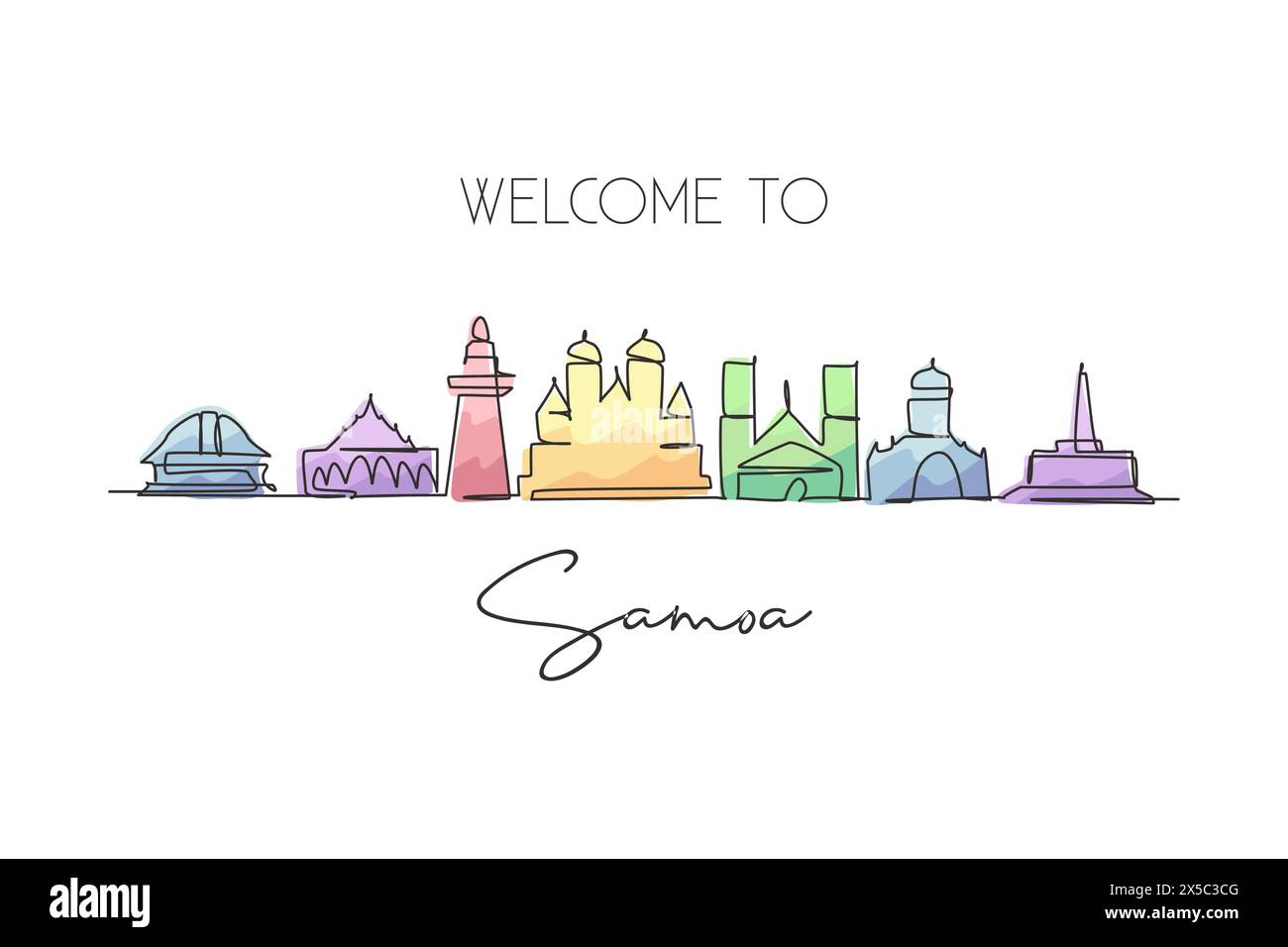 Single continuous line drawing Samoa skyline, Oceania. Famous city ...