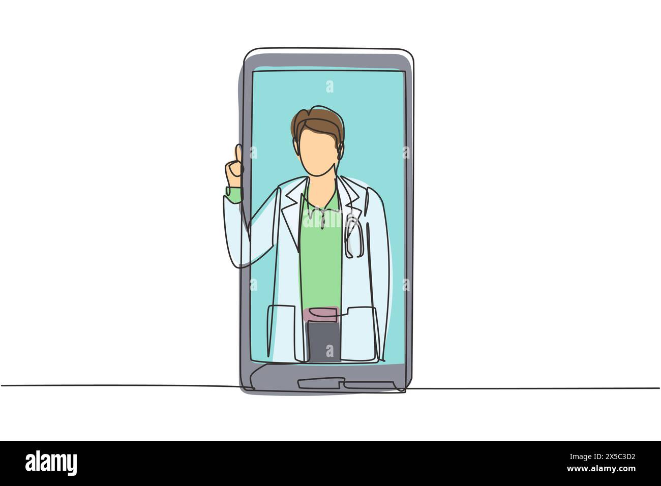 Single Continuous Line Drawing Male Doctor Comes Out Of Smartphone
