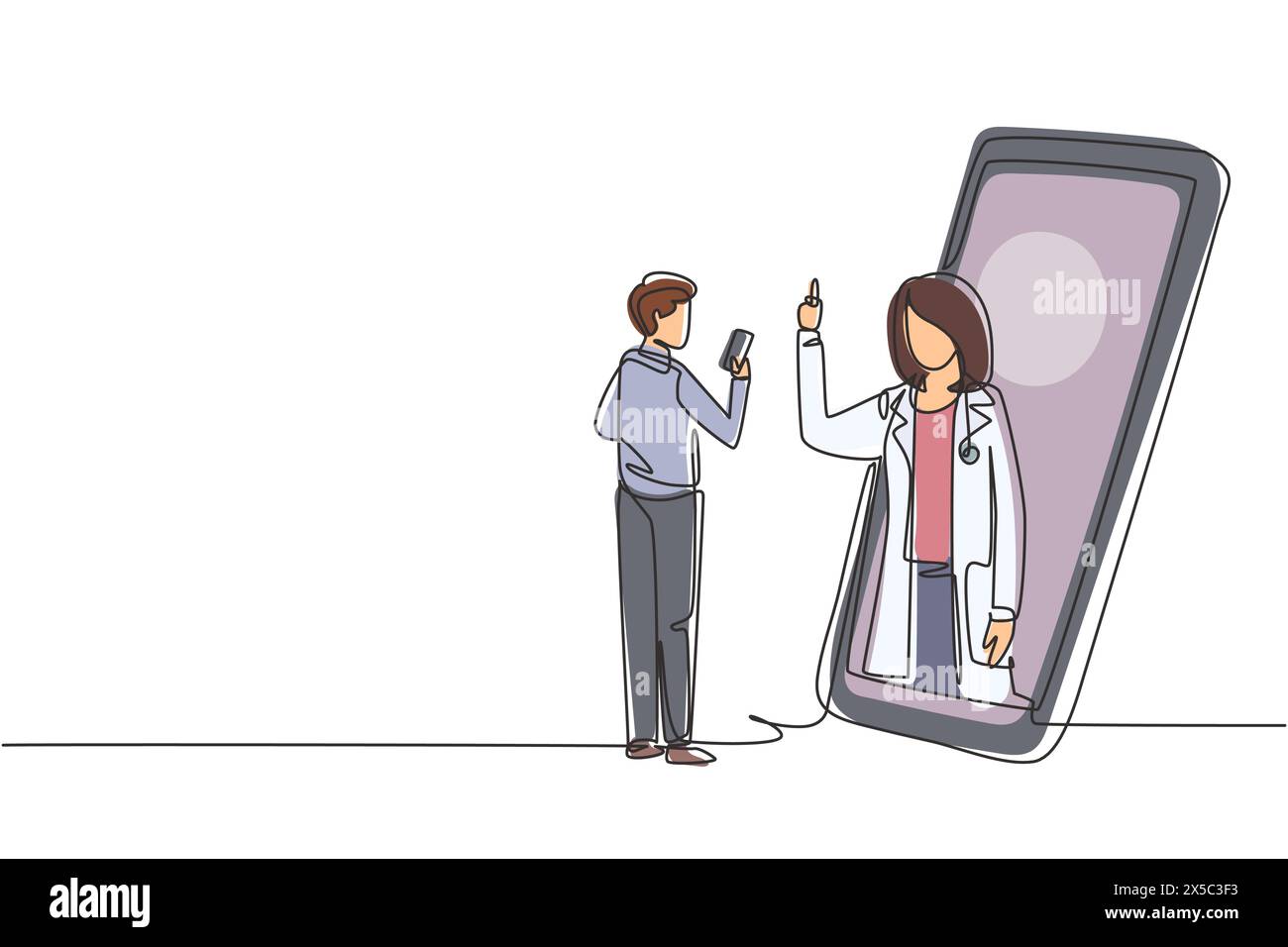 Continuous one line drawing male patient holding smartphone standing ...