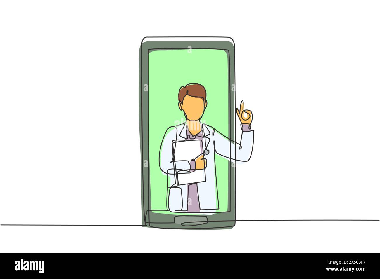 Single one line drawing male doctor comes out of smartphone screen ...