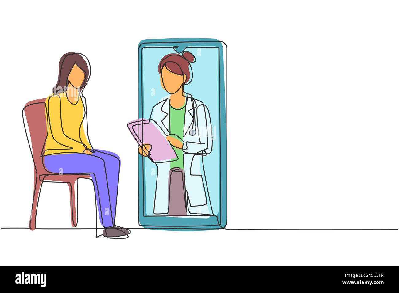 Single continuous line drawing female doctor holding clipboard checking ...