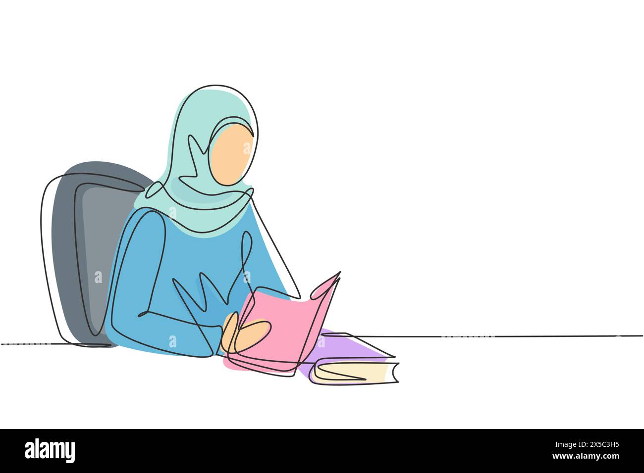 Single continuous line drawing Arabian woman reading, learning and ...