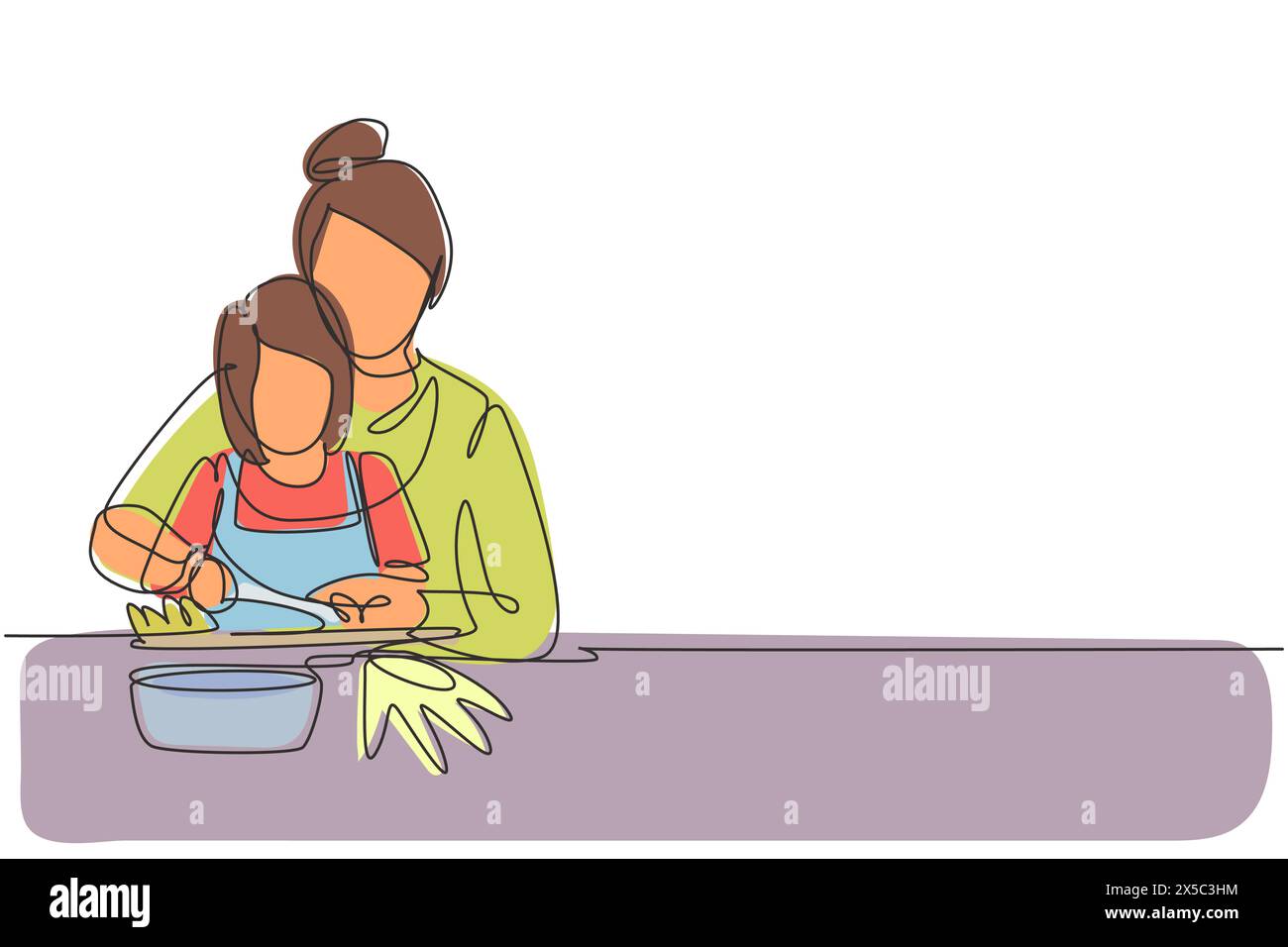 Single continuous line drawing mother teaching her little daughter to ...