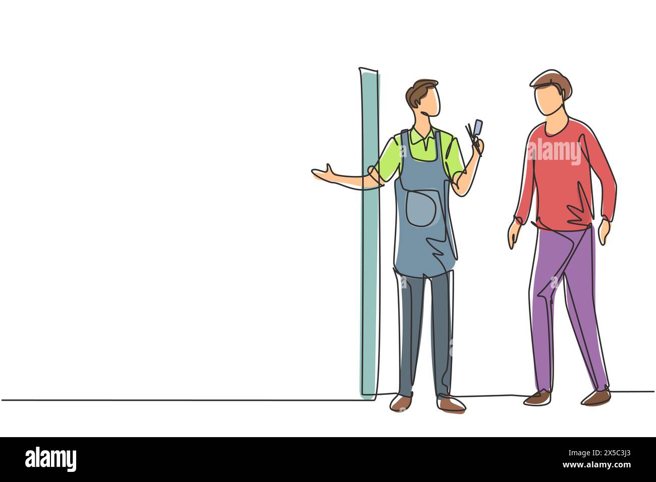 Single one line drawing hipster client visiting and hairdresser welcome ...