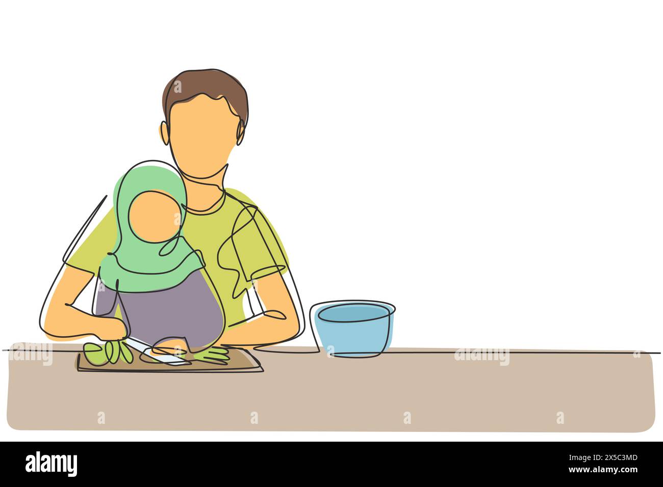 Continuous one line drawing Arabian father teaching his little daughter ...