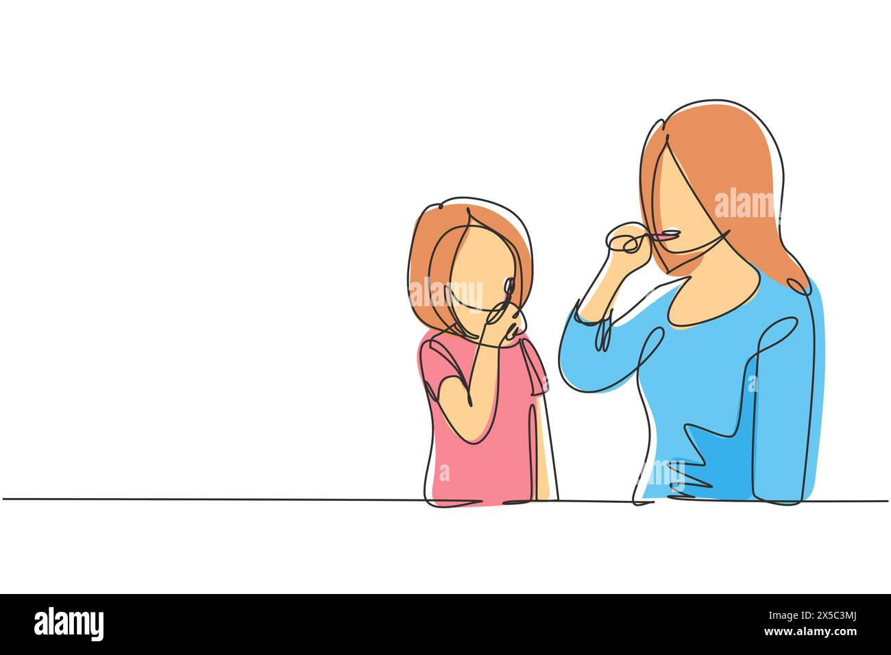 Single one line drawing mother teaching her daughter teeth brushing in ...