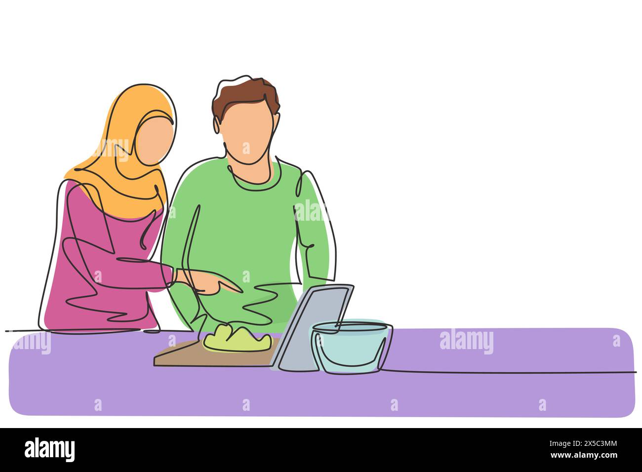 Single continuous line drawing romantic Arab couple cooking together ...
