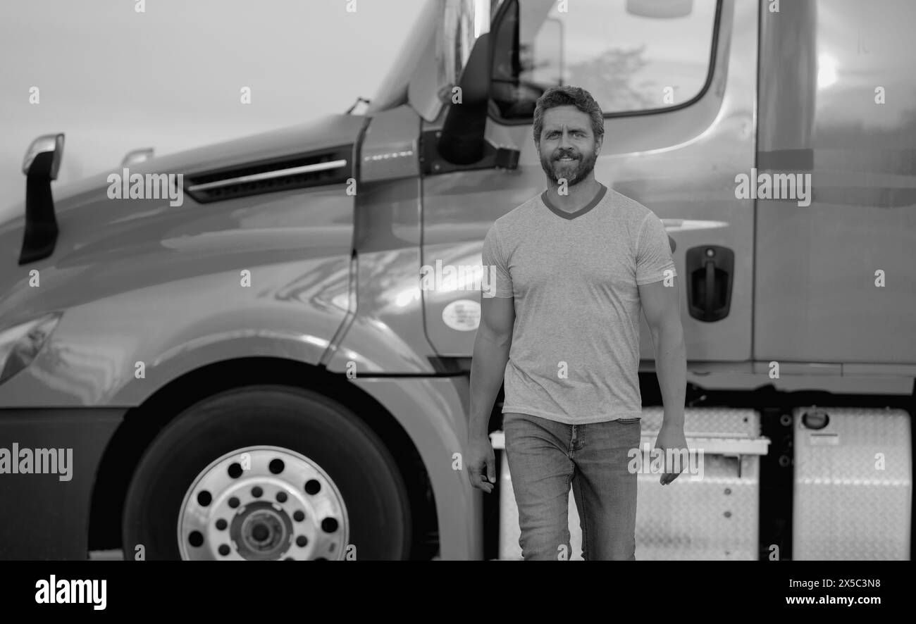 Men driver near lorry truck. Man owner truck driver in t-shirt near ...