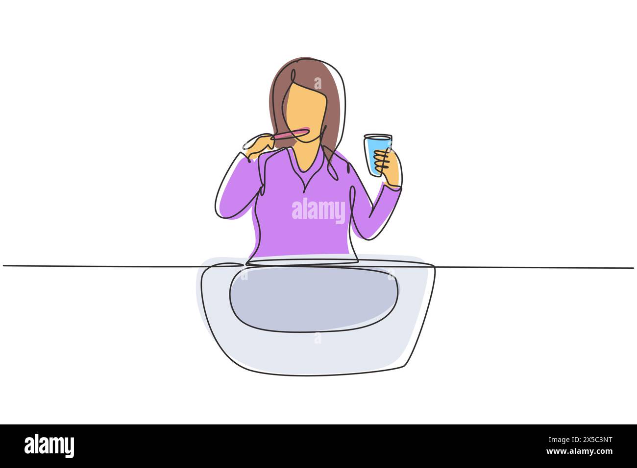 Single continuous line drawing woman brushing her teeth in sink ...