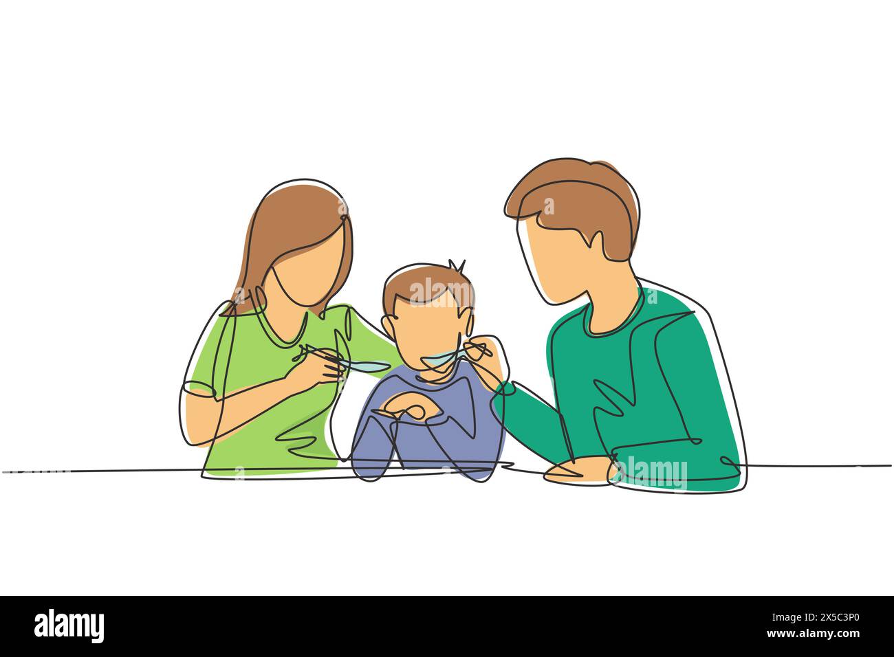 Single one line drawing young family having fun together in restaurant ...