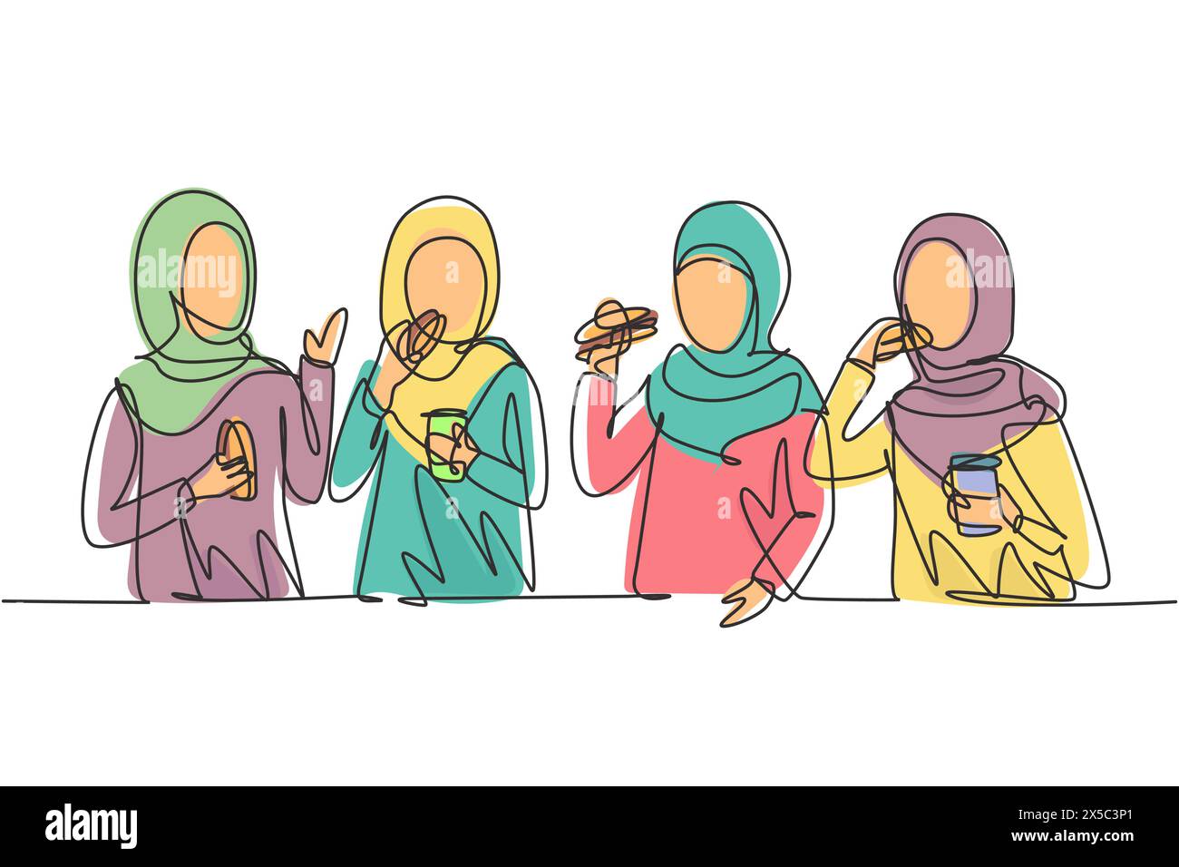 Single continuous line drawing Arabian friends eating fast food meal in ...