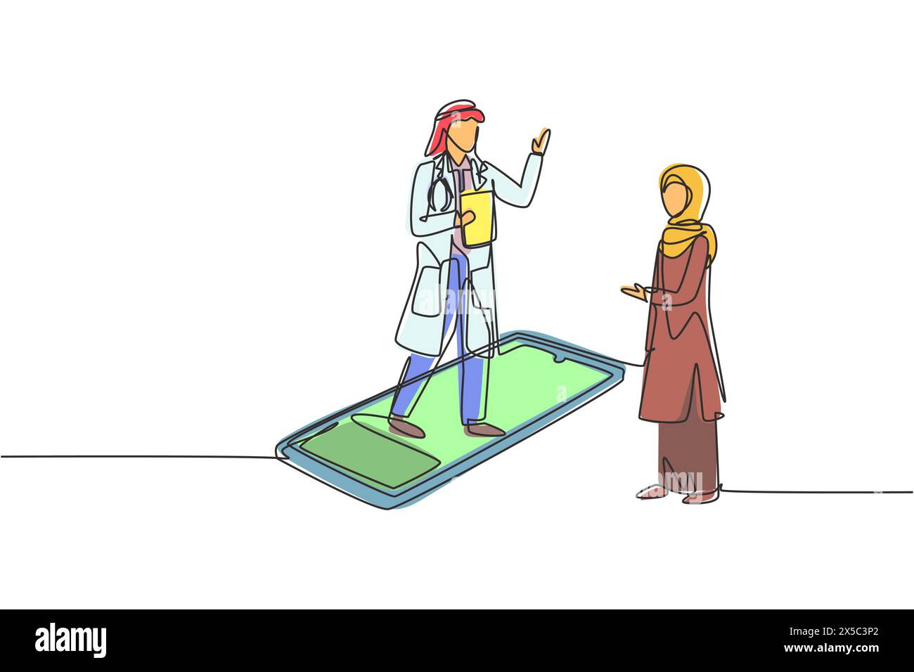 Single continuous line drawing Arab male doctor standing on smartphone ...