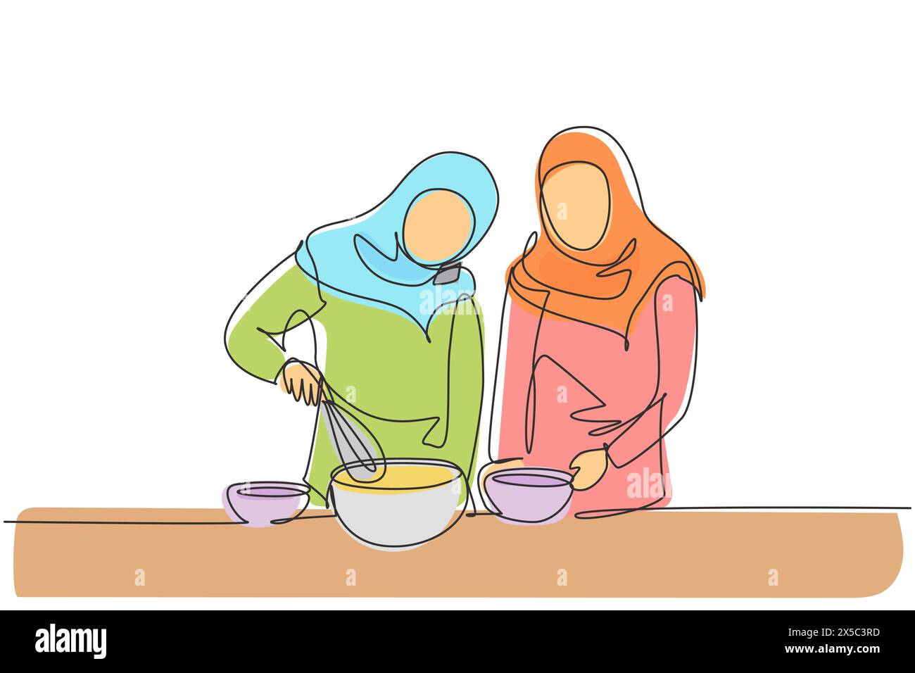 Single one line drawing two Arabian friends cook together while looking ...