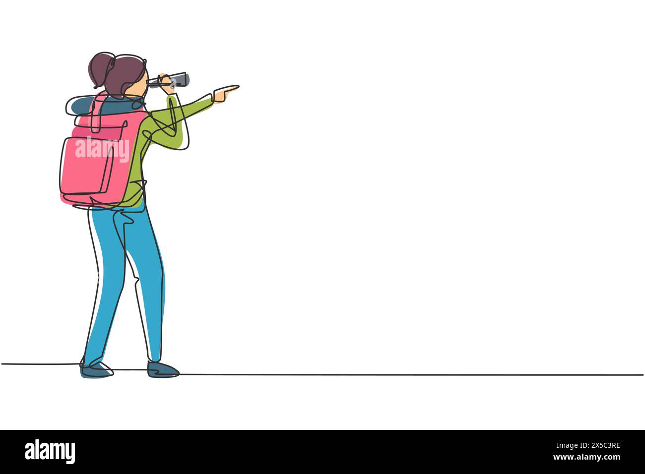 Continuous one line drawing female adventurer carrying backpack while ...