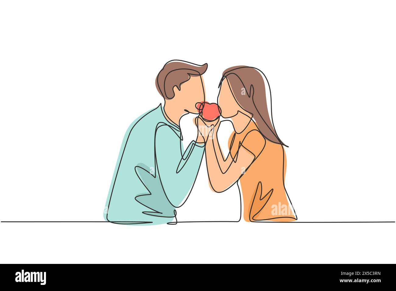 Single one line drawing young beautiful couple sharing apple. Celebrate ...