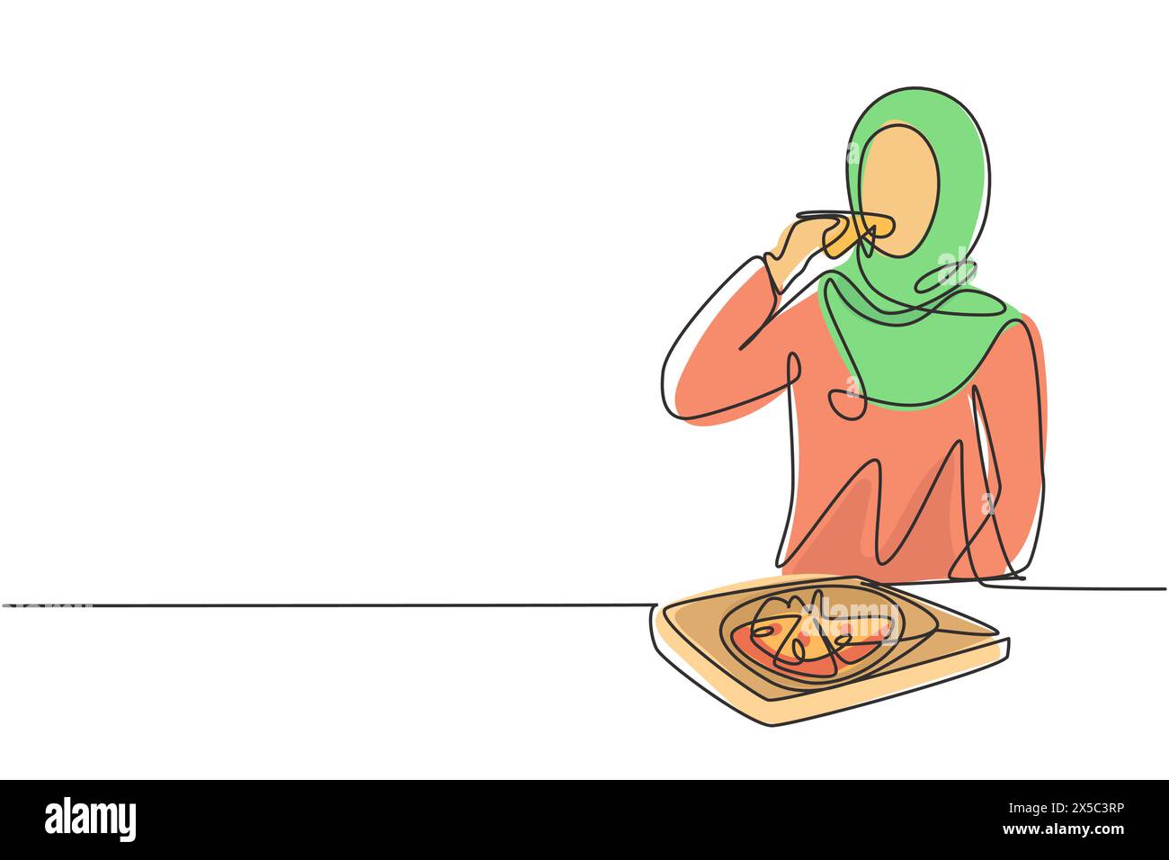 Continuous one line drawing young Arabian woman having spaghetti meal ...