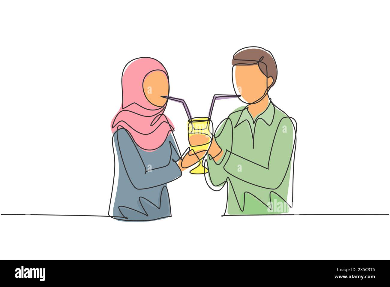 Single continuous line drawing young Arabian couple drinking using ...