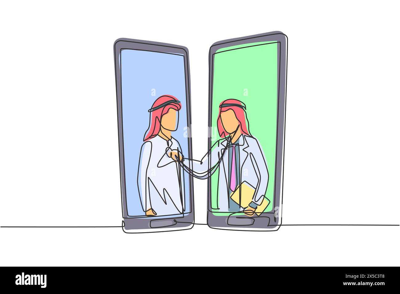 Single one line drawing two smartphones facing each other with Arabian ...