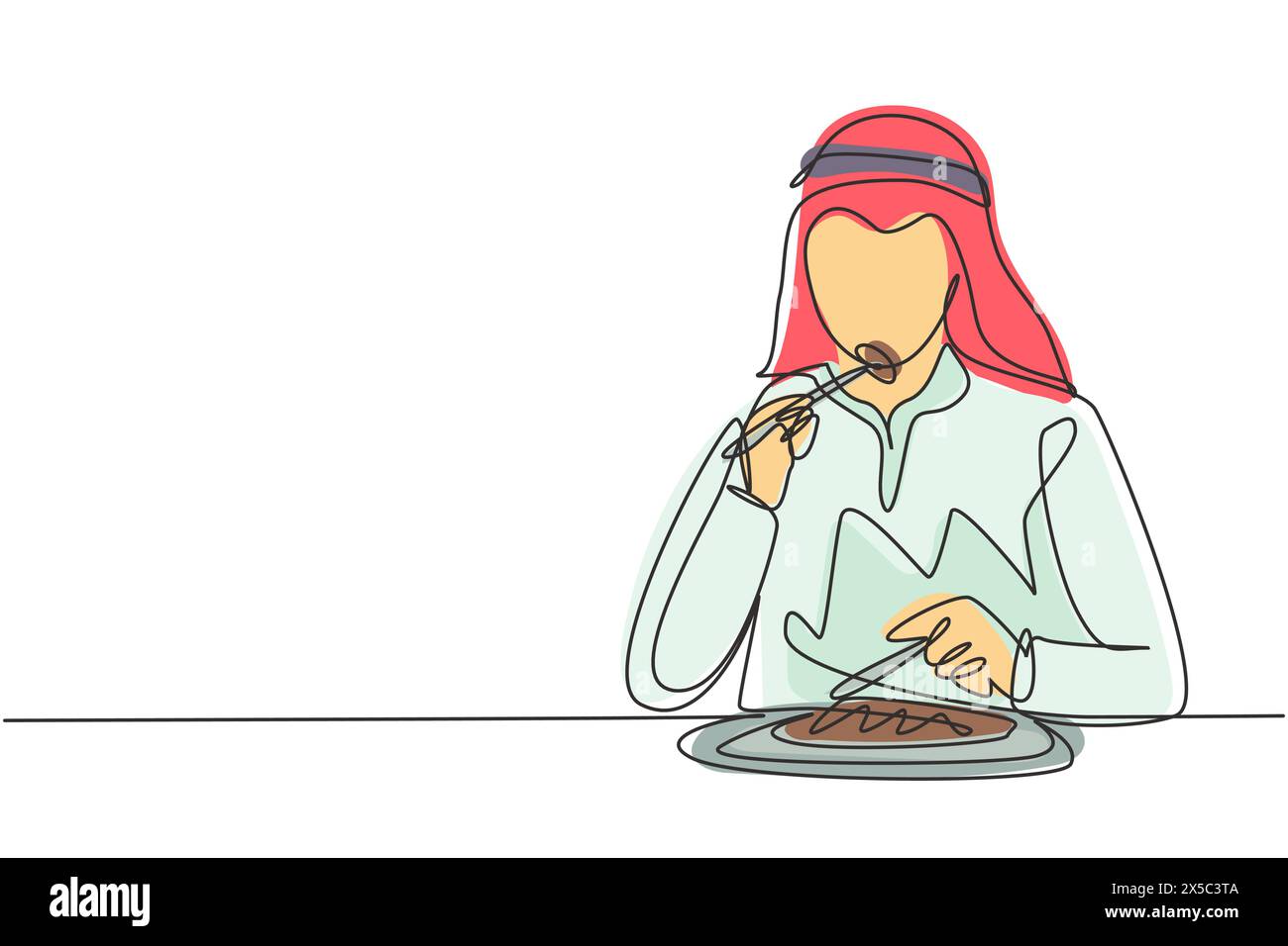 Continuous one line drawing young Arabian man having steaks meal with ...