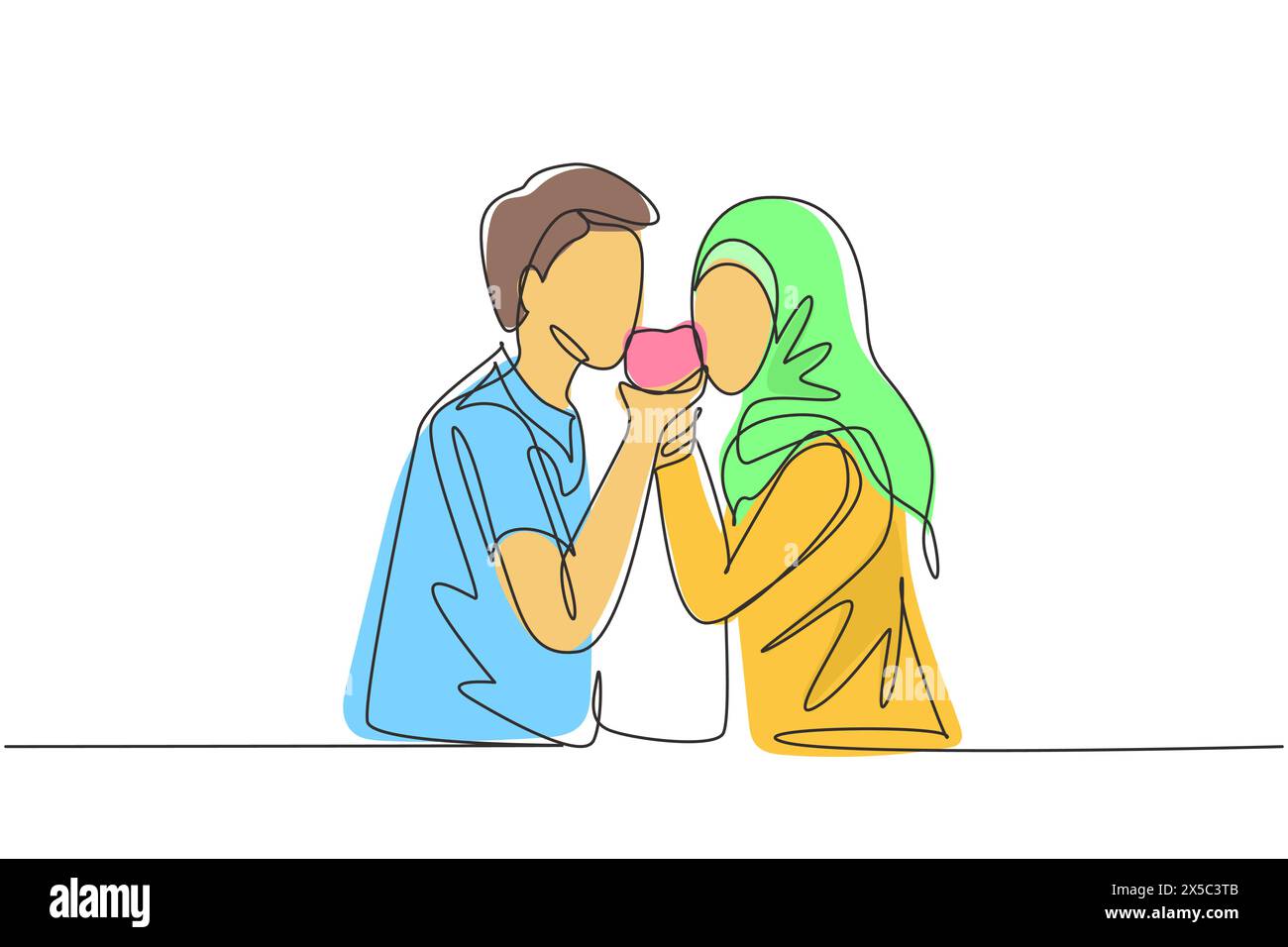 Continuous one line drawing young Arabian couple sharing apple ...
