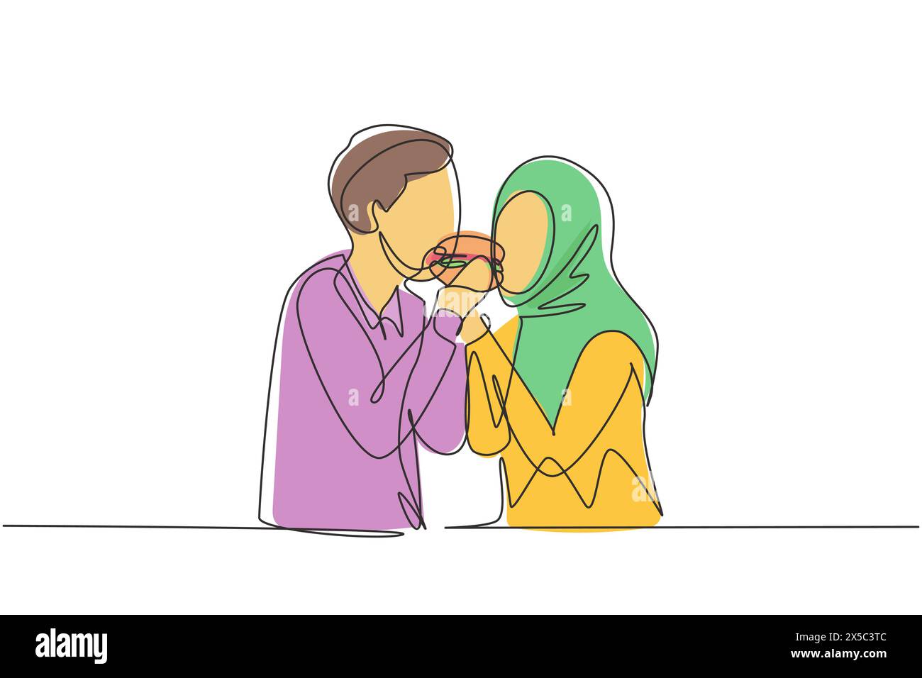 Single one line drawing young Arabian couple sharing hamburger ...