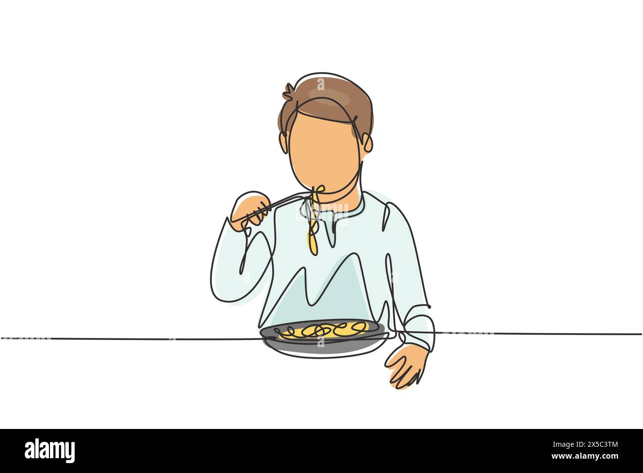 Single one line drawing young Arab boy having spaghetti meal with ...