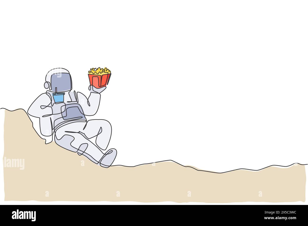 One continuous line drawing of cosmonaut laying relax on moon surface ...