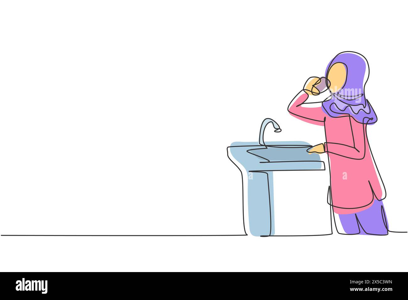 Single one line drawing Arabian girl drinking water from ready-to-drink ...