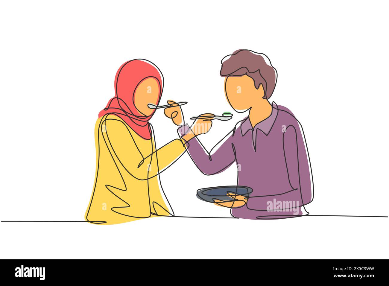 Single continuous line drawing romantic Arabic couple feeding each ...