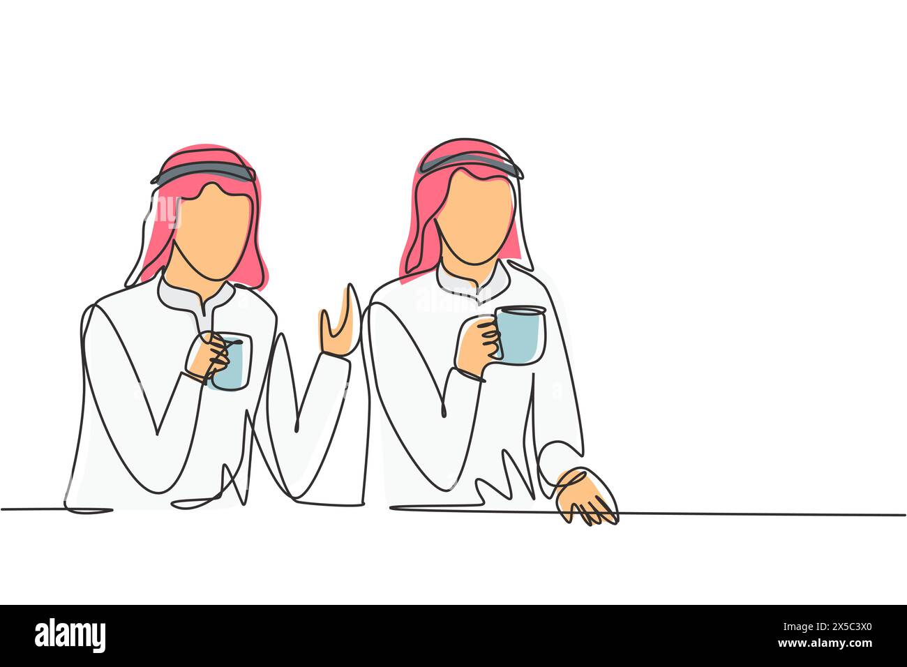 Continuous one line drawing two young Arab men sitting over a cup of ...