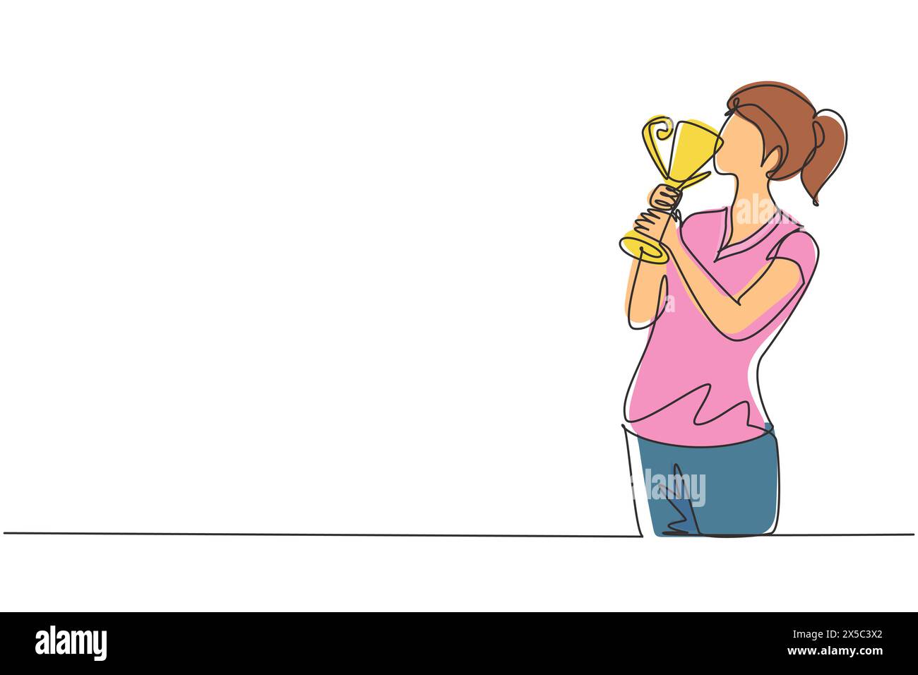 Continuous one line drawing female athlete wearing jersey kissing ...