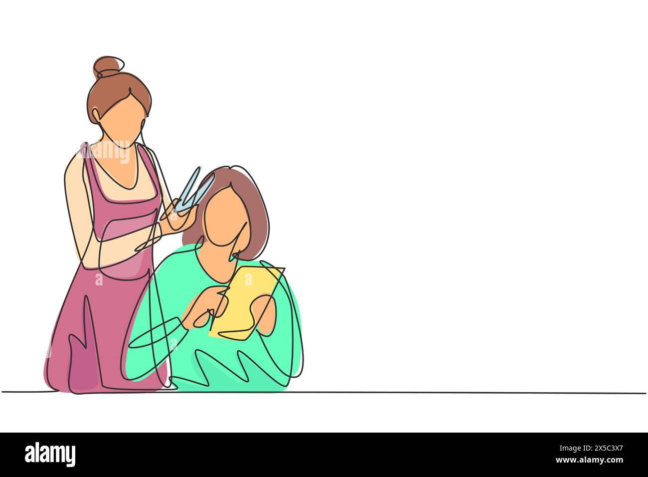 Single one line drawing young women sitting in beauty hair salon style ...