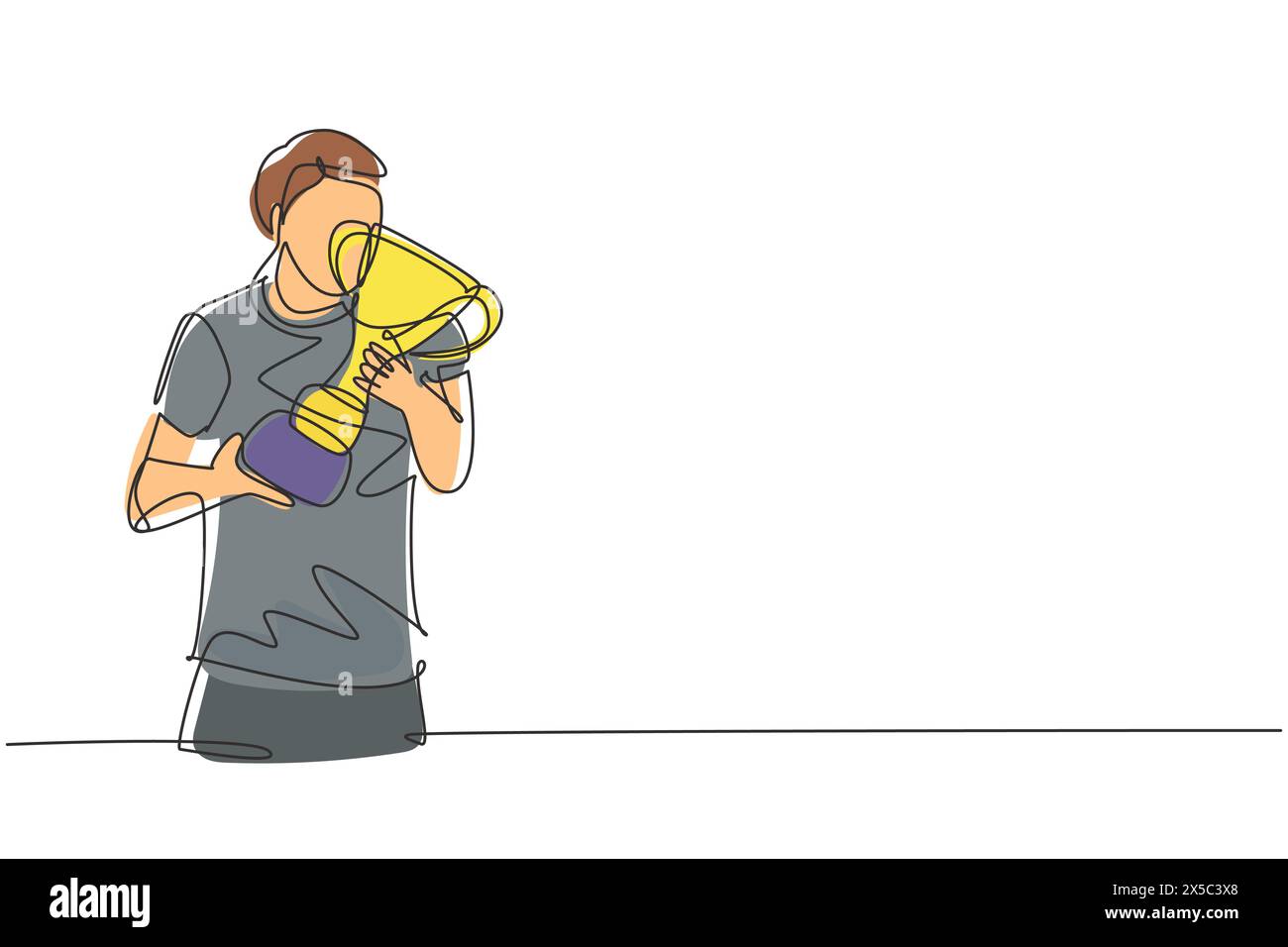 Single one line drawing young male athlete wearing jersey kissing ...