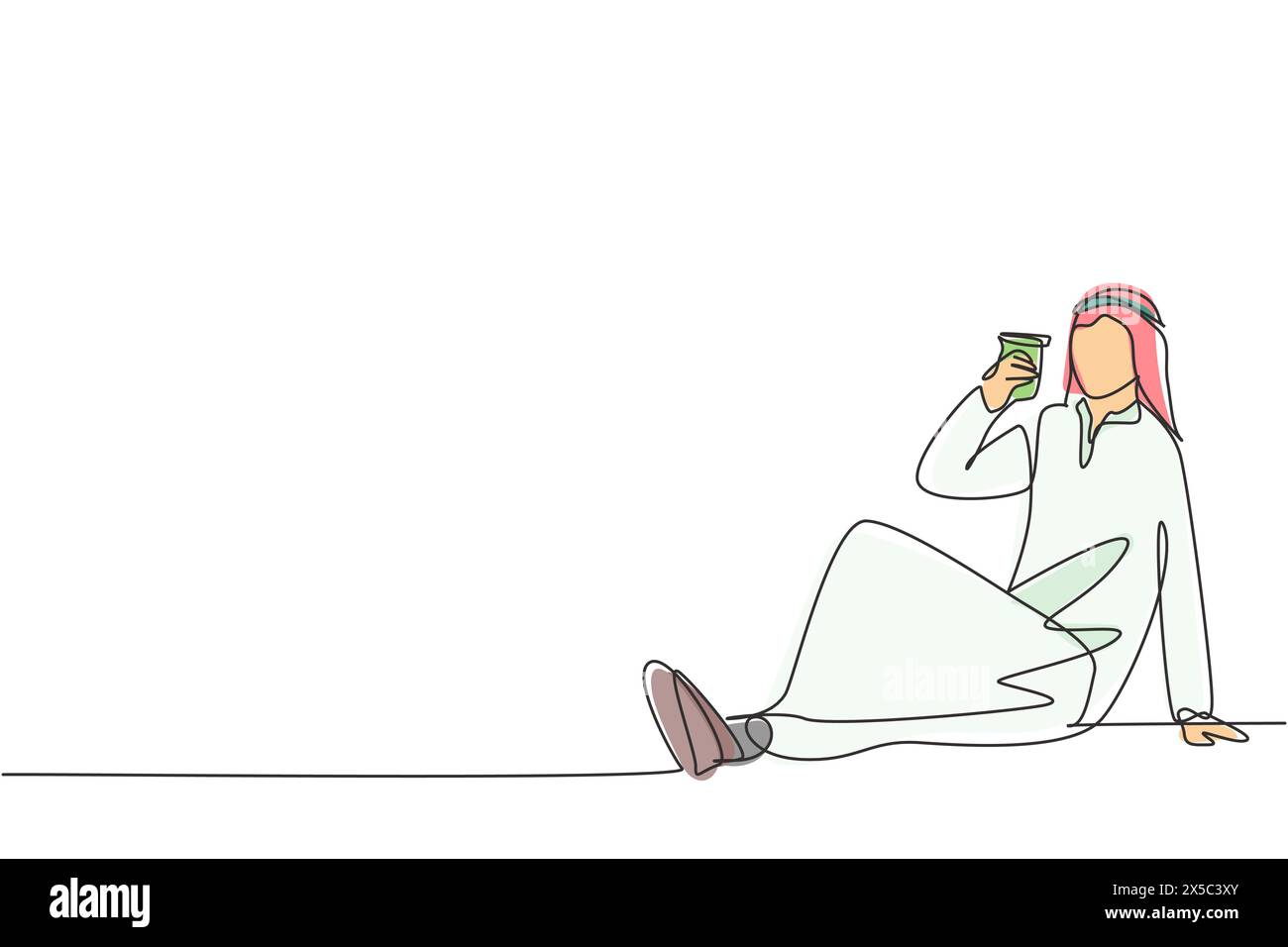 Single one line drawing young Arabian man sitting relaxed in the park ...